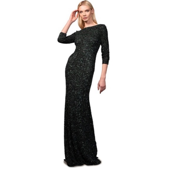 Theia | Dresses | Theia Sequin Mermaid Gown Black Long Sleeve Formal ...